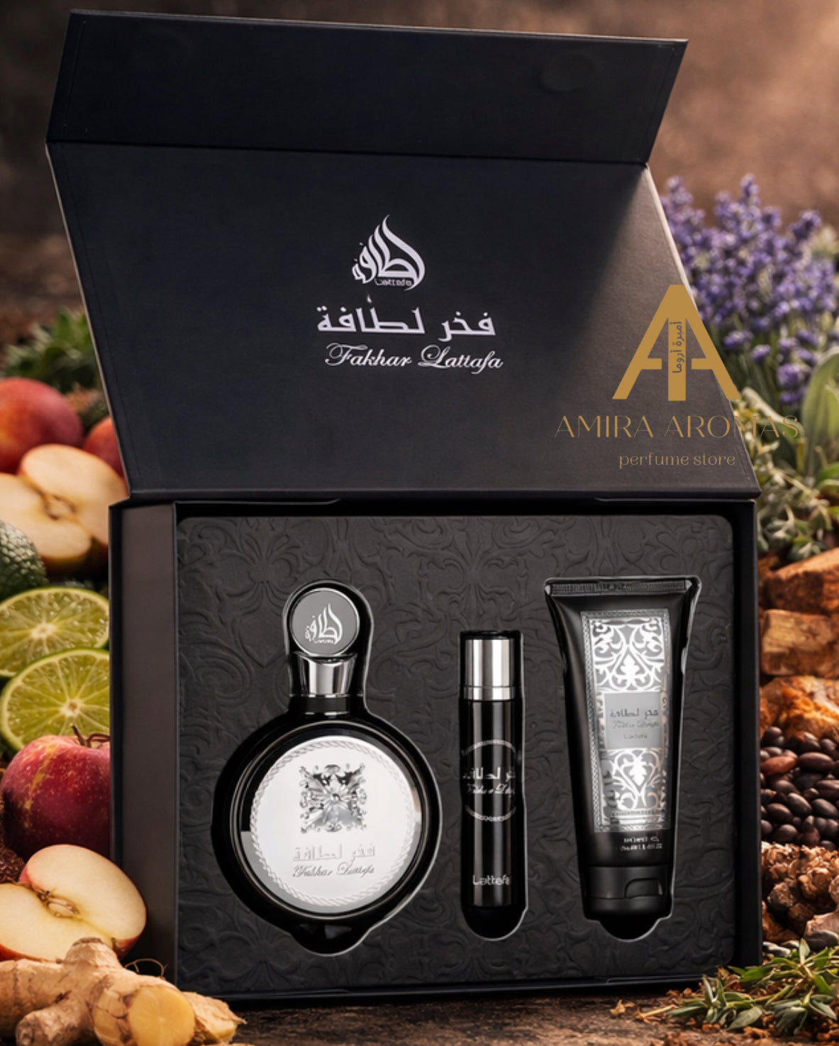 Lattafa Gift Set – Fakhar Black 100Ml – 12ml – Shower Gel – Amira Aromas